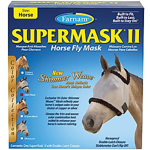 SuperMask II Shimmer Weave Mesh Horse Fly Mask Without Ears, Eye Protection from Insect Pests, Soft Silver Mesh with Black Plush Trim, Horse Size