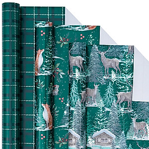 LeZakaa Christmas Green Wrapping Paper Roll - Mini Roll - Fox, Squirrel, Reindeer & Chrismas Tree, Green Plaid for Christmas Holiday Party - 17 x 120 inches - 3 Rolls (42.5 sq.ft.ttl.)