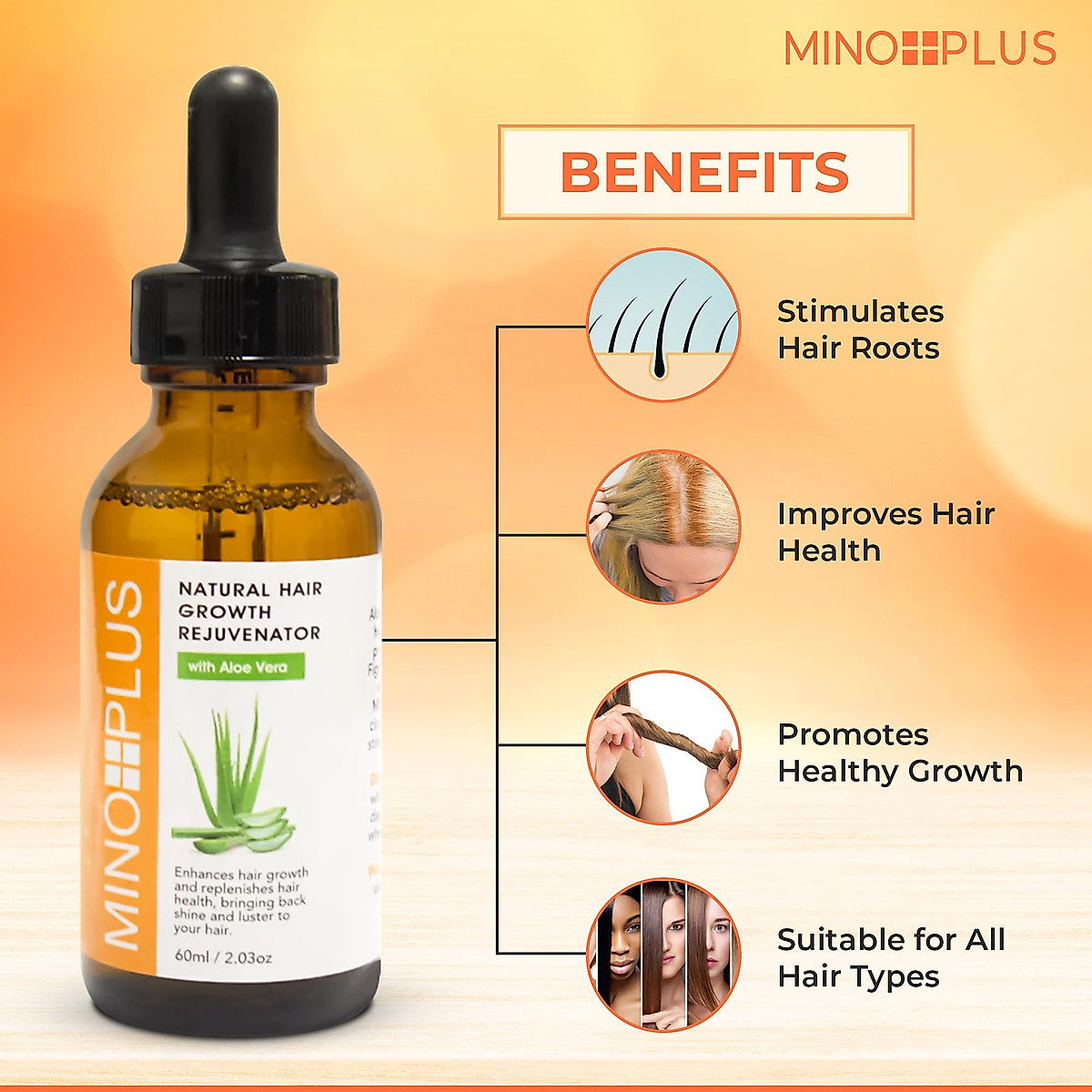 Mino Plus Natural Hair Growth Serum - 60ml / 2fl oz – For Longer, Stronger Thicker, Fuller Hair - Formulated to Prevent Hair Loss, Hair Fall, with Aloe Vera