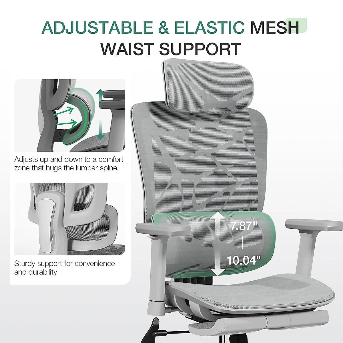 Novilla Ergonomic Office Chair, Adjustable Headrest with 3D Armrest, Office Chair with Adjustable Lumbar Support, Retractable Footrest, Mesh Office Chair High Back Gaming Chair, Grey