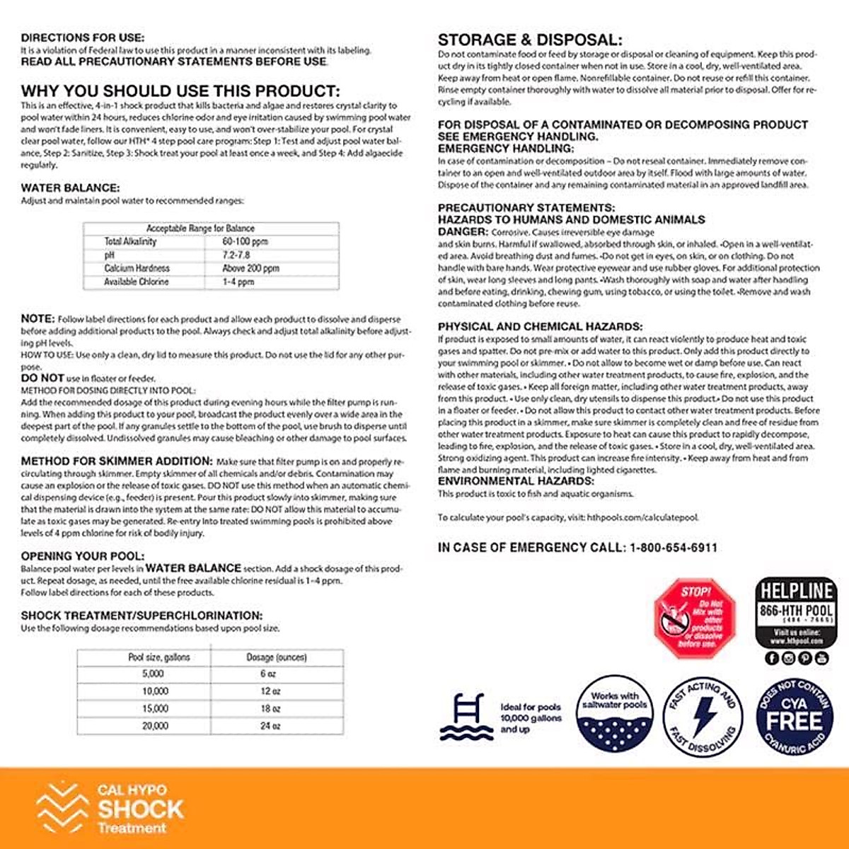 HTH Pool Care Shock Advanced, Swimming Pool Chemical Prevents Bacteria & Algae, Cal Hypo Formula, 2 lbs