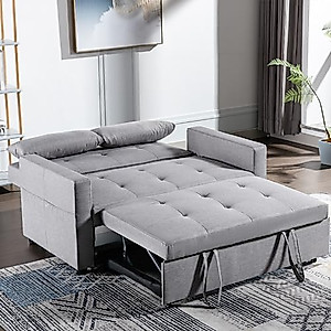 Haplized Loveseat Sleeper Sofa Bed, Light Grey Linen Fabric Convertible Sleeper Sofa with Pull-Out Couch Bed & Adjustable Cushions Backrest, Reclining Loveseat with Side Pocket for Living Room