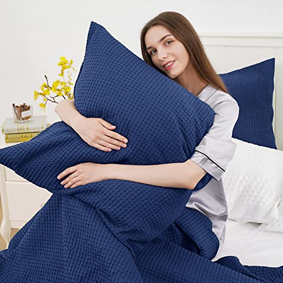 PHF 100% Cotton Waffle Weave Euro Shams 26" x 26", No Insert, 2 Pack Elegant Home Decorative Euro Throw Pillow Covers for Bed Couch Sofa, Navy Blue