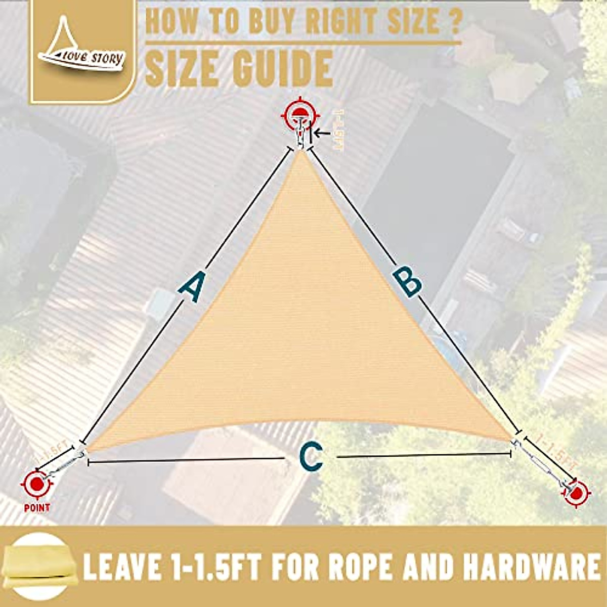 LOVE STORY 12' x 12' x 12' Triangle Sand Sun Shade Sail Canopy UV Block Awning for Outdoor Patio Garden Backyard （We Make Custom Size