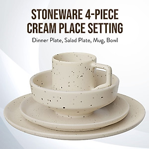 American Atelier Reactive 4-Piece Stoneware Place Setting | Coffee Mug, Bowl, Plate Set | Kitchenware | Stoneware Dinnerware Set | Microwave, Dishwasher Safe | Service for 1 (Speckled Cream)