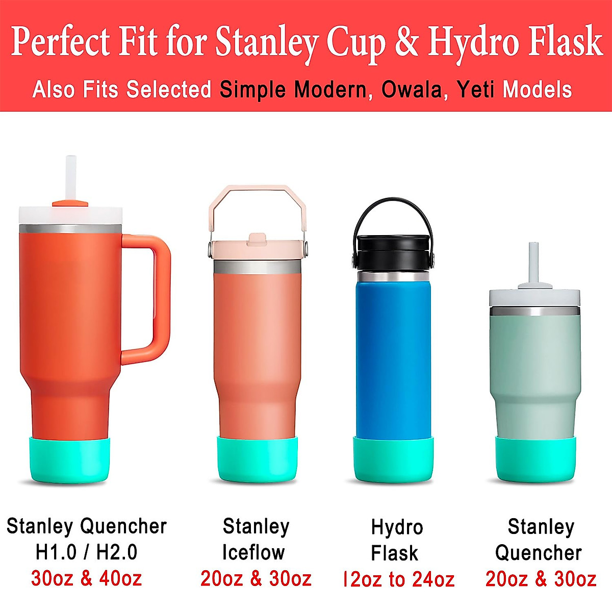 KTKUDY 2Pcs Silicone Boot for Stanley Quencher Tumbler H2.0 30 oz 40 oz & IceFlow 20 oz 30 oz & intended for Hydro Flask Water Bottle 12-24 oz - Protective Cup Bottom Accessories Fits Stanley Cup