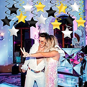 Black, Gold and Silver Star Hanging Swirls - Pack of 30, No DIY | Neon Glow, Congrats Grad Banner - NO DIY, 10 Feet Congrats Banner | Neon Effect Congratulations Banner | Black and Gold Grad Party