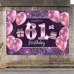 PAKBOOM Happy 61st Birthday Banner Backdrop - 61 Birthday Party Decorations Supplies for Women - Pink Purple Gold 4 x 6ft