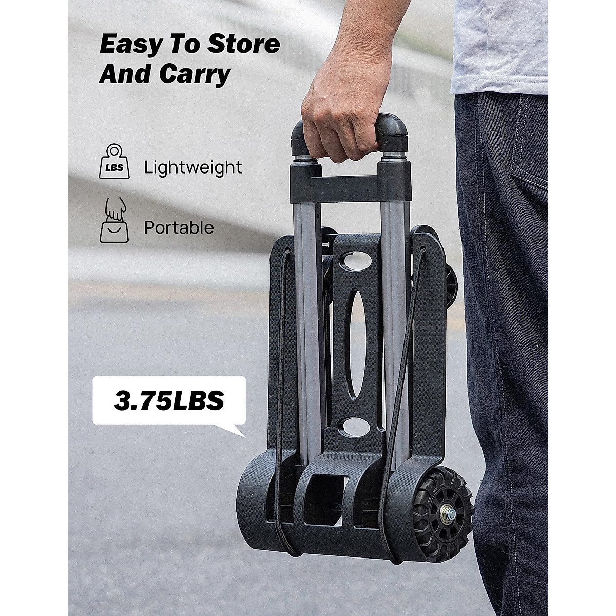 JOYTUTUS Folding Hand Truck, Lightweight Dolly Cart, Aluminum Tube Frame Adjustable Handle Luggage Cart with 2 Large Rear Wheels, 2 Lashing Straps for Moving