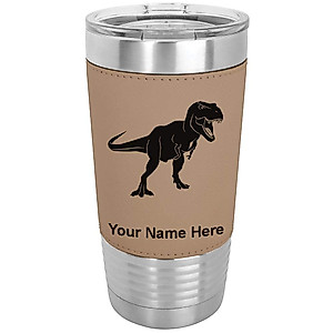 LaserGram 20oz Vacuum Insulated Tumbler Mug, Tyrannosaurus Rex Dinosaur, Personalized Engraving Included (Faux Leather, Light Brown)