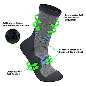 WindCrosser Mens 3 Pairs Black/Grey Padded Anti Odor Moisture Wicking Breathable Crew Mid Calf Compression Hiking Socks,Size 7-12