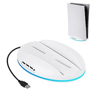 Geekria RGB Vertical Stand Compatible with PS5, Playstation 5 Console LED Base, Gaming Stand with 2.0 USB Hub Game Accessories (White)