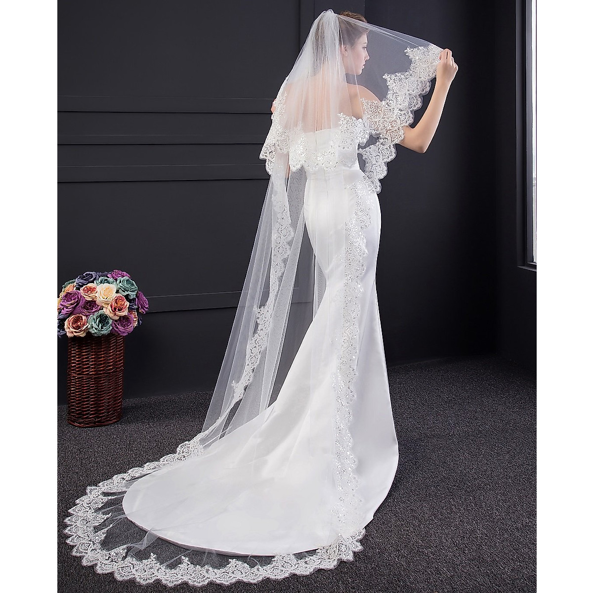 EllieHouse Chapel Length 2 Tier Sequin Lace Wedding Bridal Veil For Bride Ivory