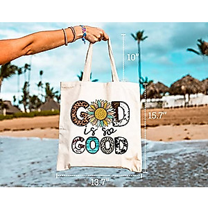 GXVUIS God is So Good Canvas Tote Bag for Women Aesthetic Sunflower Leopard Print Boho Reusable Shopping Bag Christian Gift White