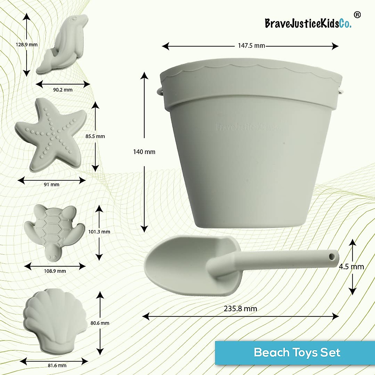 BraveJusticeKidsCo. | Silicone Summer Beach Set XL | Toddler Sandbox Toys | + Beach Bag + Watering Can & Rake (Warm Sand)