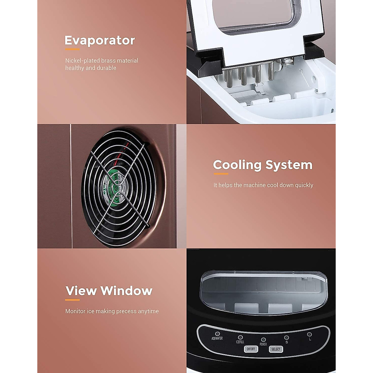 SOUKOO Ice Makers Countertop 26lbs/24h Portable Ice Maker (Bronze Stainless Steel)………