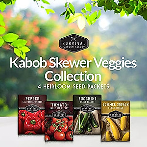 Survival Garden Seeds Kabob Skewer Vegetables Collection - Large Red Cherry Tomato, Black Beauty Zucchini, Straight Neck Summer Squash, & California Wonder Pepper Non GMO Heirloom Seeds to Plant