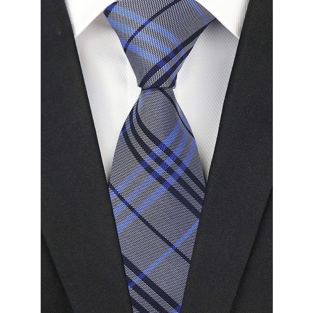 Men's Blue Grey Ties Trendy Tartan Plaid Narrow-width Wedding Necktie for Grooms Thin Blue Line Tie