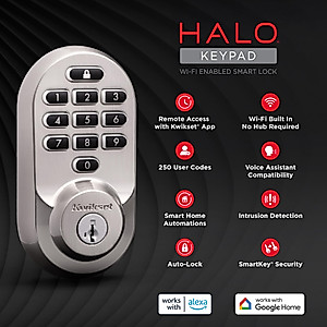 Kwikset 99380-001 Halo Wi-Fi Smart Lock Keyless Entry Electronic Keypad Deadbolt Featuring SmartKey Security, Satin Nickel