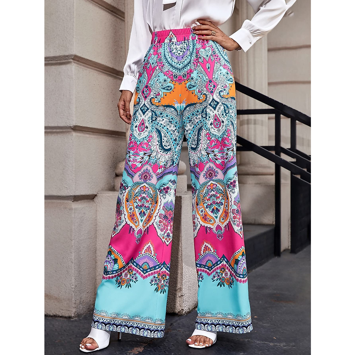 WDIRARA Women's Tropical Print High Elastic Waisted Wide Leg Loose Pants Trousers Multicolor Paisley M