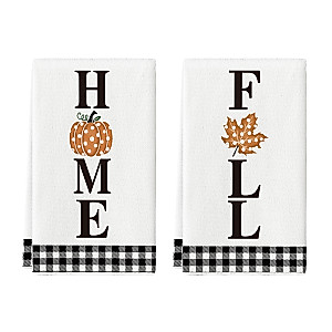 Artoid Mode Buffalo Plaid Pumpkin Home Fall Kitchen Towels Dish Towels, 18x26 Inch Seasonal Maple Leaf Decoration Hand Towels Set of 2