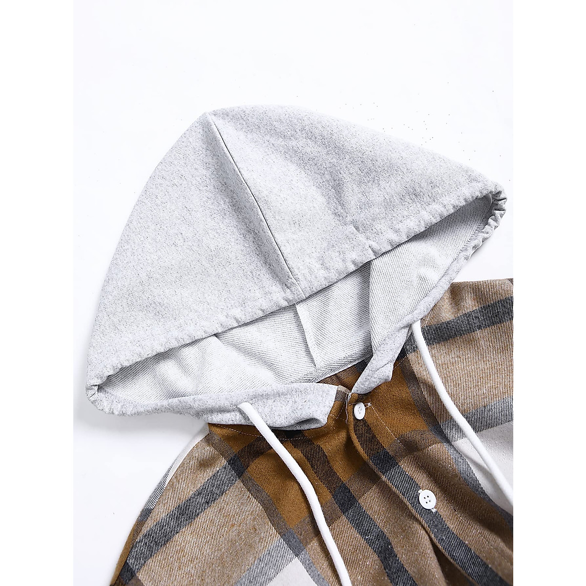 OYOANGLE Men's Casual Plaid Flannel Jacket with Hoodie Long Sleeve Button Down Shirt Brown Check L