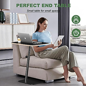 Height Adjustable End Table - Small Couch Side Table for Small Spaces Modern C Shaped bedside End Table That Slide Under, Black Wood Laptop TV Tray Table with Metal Base, Living Room Bathroom Home Use