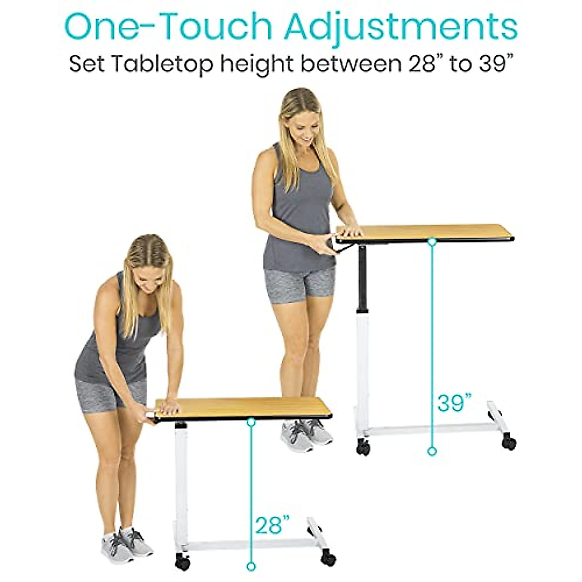 Vive Overbed Table (XL) - Hospital Bed Table - Swivel Wheel Rolling Tray - Adjustable Over Bedside Home Desk - Laptop, Reading, Eating Breakfast Cart Stand - Bedridden, Elderly (Brown)