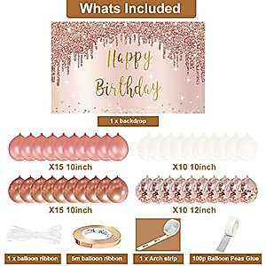 Rose Gold Happy Birthday Banner Backdrop with Confetti Balloon Garland Arch, Happy Birthday Banner Balloon Set for Women Girls, Pink 16th 21st 30th 40th 50th Bday Poster Photo Booth Decor