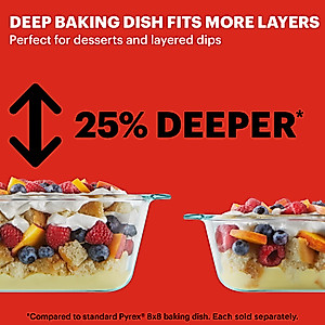 Pyrex Deep Glass Baking Dish with Plastic Lid, Deep Casserole Dish, Glass Food Container, Oven, Freezer and Microwave Safe, Clear Container, 8x8