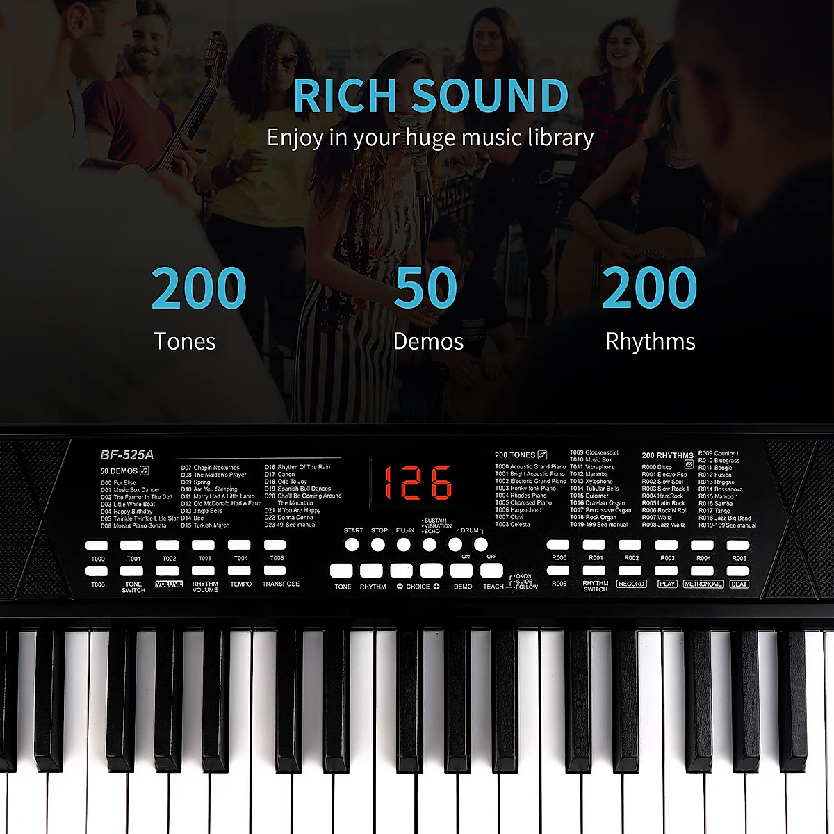 M SANMERSEN Piano Keyboard for Beginners, 37 Keys Built-in 1200mA Rechargeable Battery Electronic Piano Keyboard Portable Music Piano Keyboard with Mic LED Screen Teaching Gift for Beginners, Black