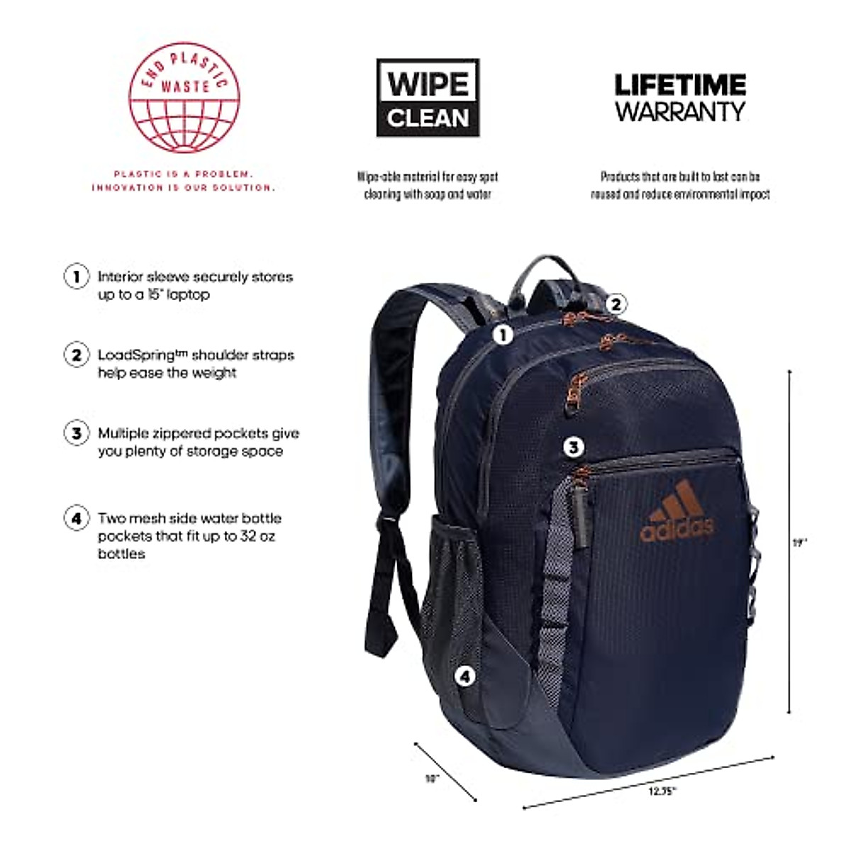 adidas Excel 6 Backpack, Shadow Navy/Onix Grey/Rose Gold, One Size