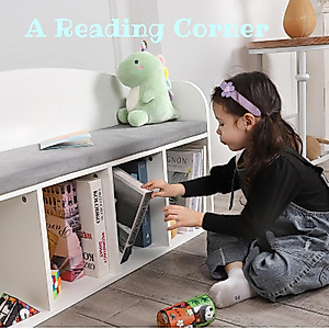 MOMCAYWEX Kids Bookshelf with Reading Nook, Toddler Bookshelf with Soft Grey Cushion, 4-Cube, White