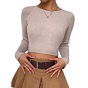 SOLY HUX Women's Fitted Ribbed Crewneck Long Sleeve Crop Tops Tee Shirts Solid Mocha Brown L