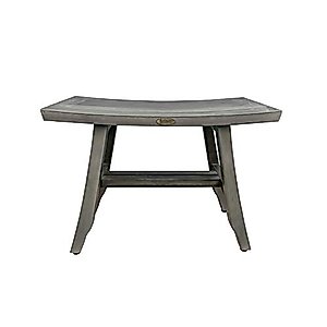 CoastalVogue Teak Wood Satori Shower Bench Teak Shower Stool with Curved Seat 24" Long Wooden Seat Shower Bench in Antique Gray Finish