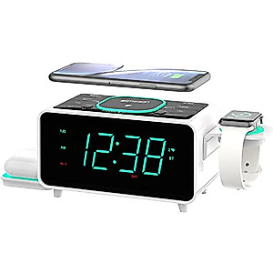 Emerson Radio Smartset Alarm Clock FM Radio with Wireless Charging, Bluetooth Speaker, Fast Charging for Airpods/iPhone, Foldable Stand, USB Charger, Adjustable LED Glow, ER100501, Black/Neon