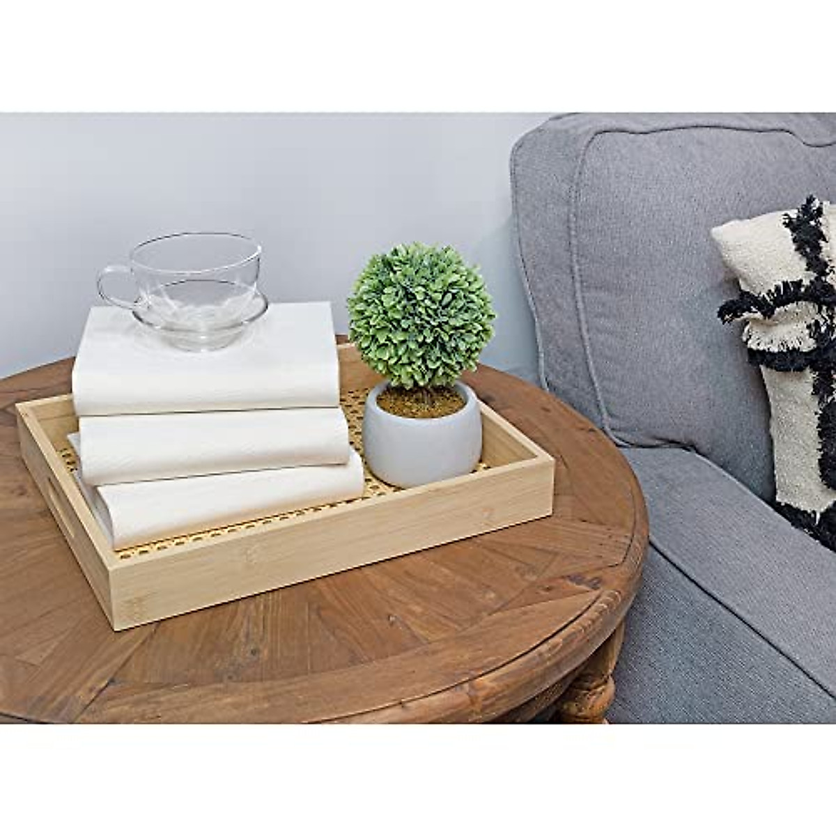 AuldHome Ottoman Rattan Breakfast Trays (Set of 2); Basket Serving Trays with Wooden Fram for Serving Guests, Coffee Break, Breakfast and More