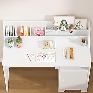 Kids Desk and Chair Set,Study Desk for Kids with Hutch, Storage Cabinet, Wooden Children Study Table, Student Writing Desk Computer Workstation for Kids Bedroom & Study Room,White