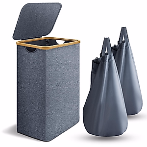 ZHSX Laundry Hamper/Basket with Lid, 100L Large Laundry Hamper/Basket/Bin with Bamboo Handle, Foldable Clothes Basket Organizer with Two Removable Inner Bags, Odor-Resistant and Waterproof(Grey)