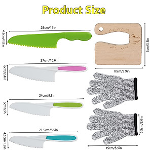 COZYMATE 6pcs Kids Wooden and Plastic Knife Set, Kids Safe Knife with Wood Kids Knife Resistant Gloves Cooking Knives Serrated Edges Toddler Knife Kids Plastic Knife for Kitchen Children