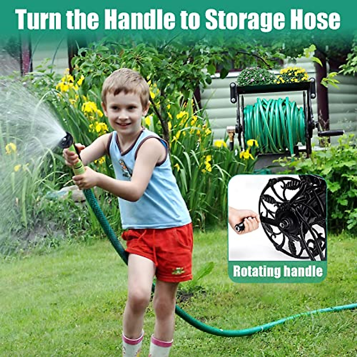 Garden Hose Reel Wall Mount with 6.5ft Leader Hose, Storage Shelf, Holds 130ft of 5/8 Hose, Portable Cast Iron Water Hose Reel for Outside Gardening Tools, Decorative Metal Hose Storage Holder
