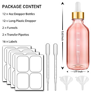 Bumobum Pink Dropper Bottles 4oz, Pink Glass Eye Dropper Bottle for Essential Oils Hair Oils with Labels and Funnels, 12 Pack Tincture Bottles with Golden Top (Plastic Dropper with Measurements)