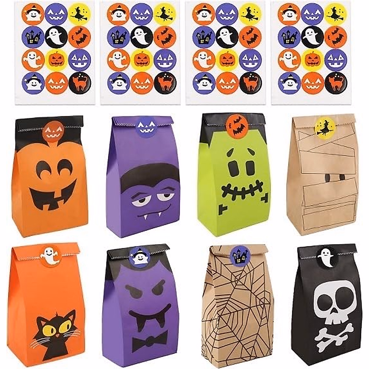 Tort-Mangou 40 Pcs Halloween Candy Treat Bags with 40 Halloween Theme Stickers Halloween Paper Favor Bags Halloween Paper Candy Goody Bags Trick or Treat Bags for Kids Mini Paper Gift Bags for Treats Snacks, Halloween Goodie Bags Party Supplies (Multicolo