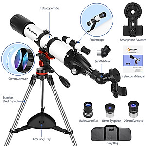 MEEZAA Telescope, Telescope for Adults High Powered Professional, 90mm Aperture 800mm Refractor Telescopes for Astronomy Beginners Fully Multi-Coated with AZ Mount Tripod & Phone Adapter & Carry Bag