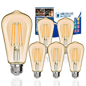 VOOSEI Amber LED Vintage Edison Bulb E26 60W, 4W Equivalent to 60W Dimmable Light Bulbs Antique Led Light Bulb 2700K Warm White E26 Base ST64 Decorative Bulbs, 6 Pack