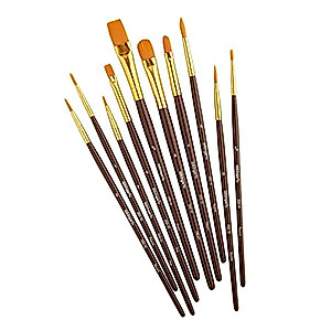 KINGART 250-10 Acrylic Art Paint Brush Set, 10 Round & Flat Brown Nylon Short Handle Brushes for Acrylic, Oil, and Watercolor, Rock Painting, Face Painting, Canvas, Ceramic, Craft and Hobby