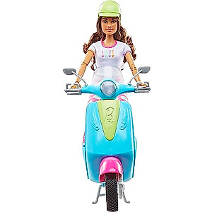 Barbie Fashionistas Doll and Scooter, Travel Playset with Stickers, Pet Puppy and Themed Accessories like Map and Camera (Amazon Exclusive)