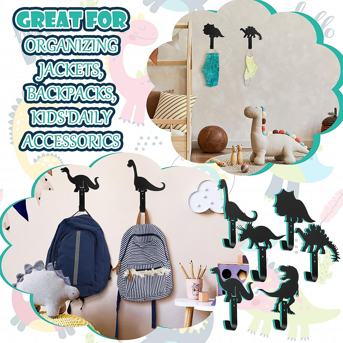 Zhengmy 6 Pcs Dinosaur Coat Hooks Wall Hook Black Metal Coat Hooks Dinosaur Bathroom Decor Wall Hanger Dino Decor for Boys Room Dinosaur Theme Decorations for Bathroom Bedroom Nursery