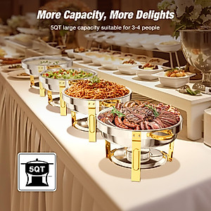 WARMOUNTS Gold Chafing Dishes for Buffet, 5QT Round Chafing Dish Buffet Set w/Glass Lid & Lid Holder, Thickened Stainless Steel Chafers and Buffet Warmers Sets for Weddings, Events, Banquet (2)