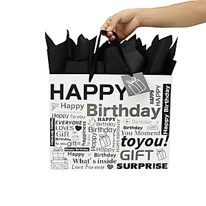 13" Large White Gift Bag Set with Greeting Card and Tissue Papers (‘Happy Birthday' Text) for Men's or Women's Birthday Parties, Boys', Girls', or Kids' Parties, Baby Showers, Baby Boys or Girls -